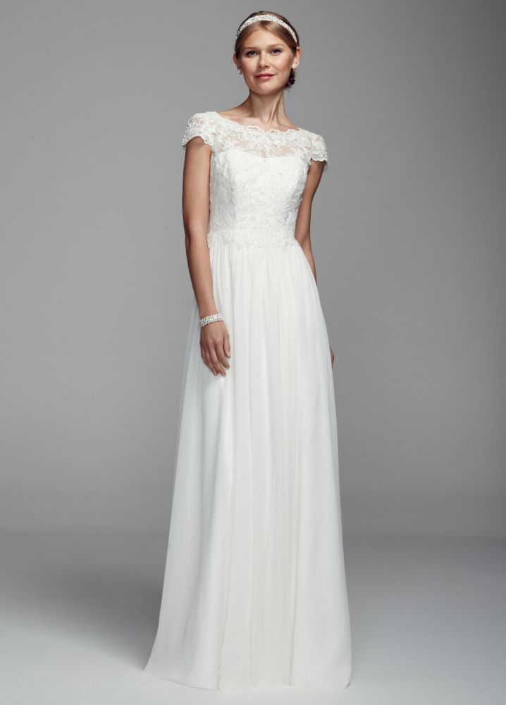 Davids Bridal Cap Sleeve Chiffon Sheath Wedding Dress With Lace Detail Ebay